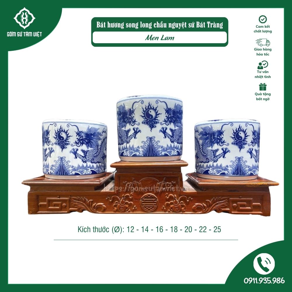 Bát hương song long liên hoa men lam sứ Bát Tràng cao cấp