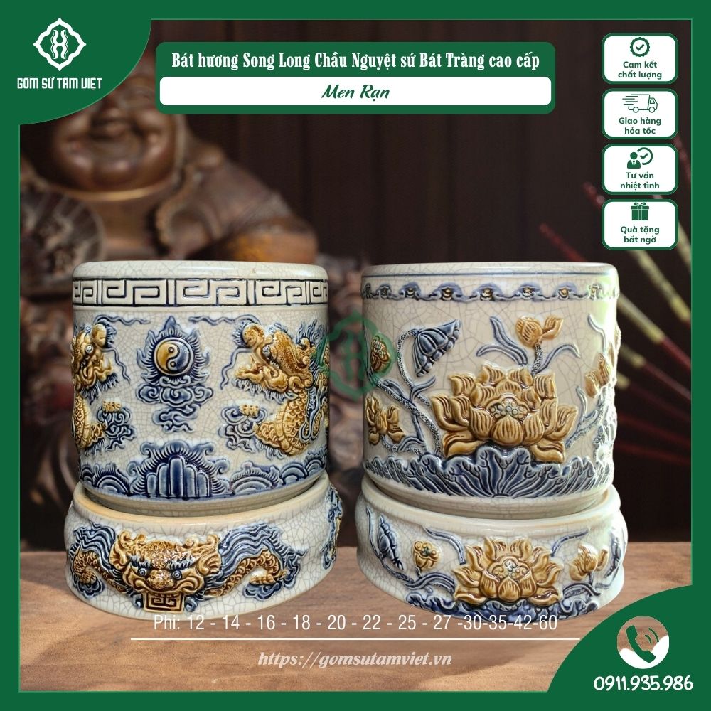 Bát hương rồng - sen men rạn sứ Bát Tràng cao cấp