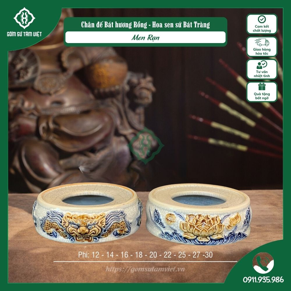 Chân Đế Bát Hương Rồng - Sen Bát Tràng Men Rạn đắp nổi, vẽ vàng cao cấp ...