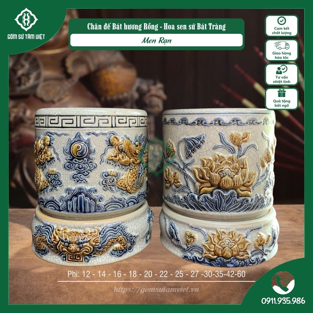 Chân Đế Bát Hương Rồng - Sen Bát Tràng Men Rạn đắp nổi, vẽ vàng cao cấp ...
