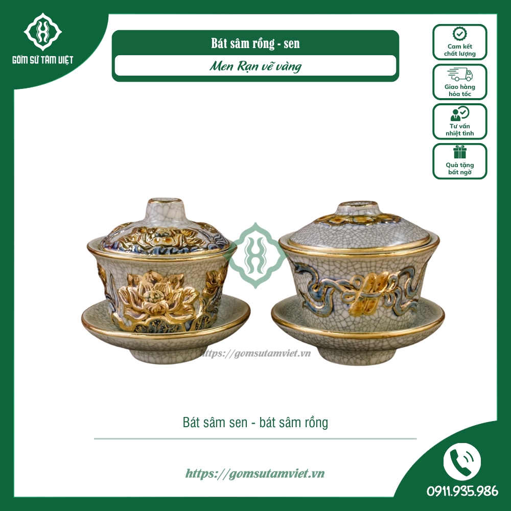 Bát Trà Sâm Sứ Bát Tràng Men rạn vẽ vàng 24k cao cấp