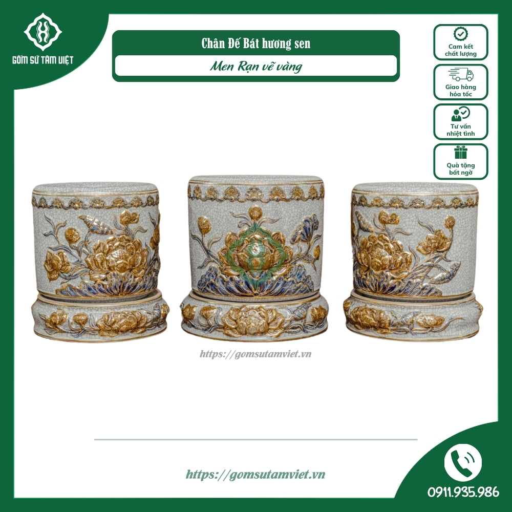 Chân Đế Bát Hương Rồng - Sen Bát Tràng Men Rạn đắp nổi vẽ vàng cao cấp ...