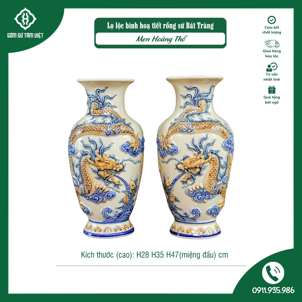 [Giá theo đôi]Lọ hoa Lộc Bình Men Hoàng Thổ Hoạ Tiết Rồng - Sen - Công ...