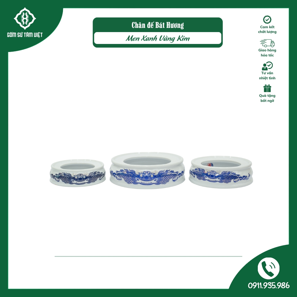 Chân Đế Bát Hương Rồng Men Xanh Kim, Đường kính 12-30cm