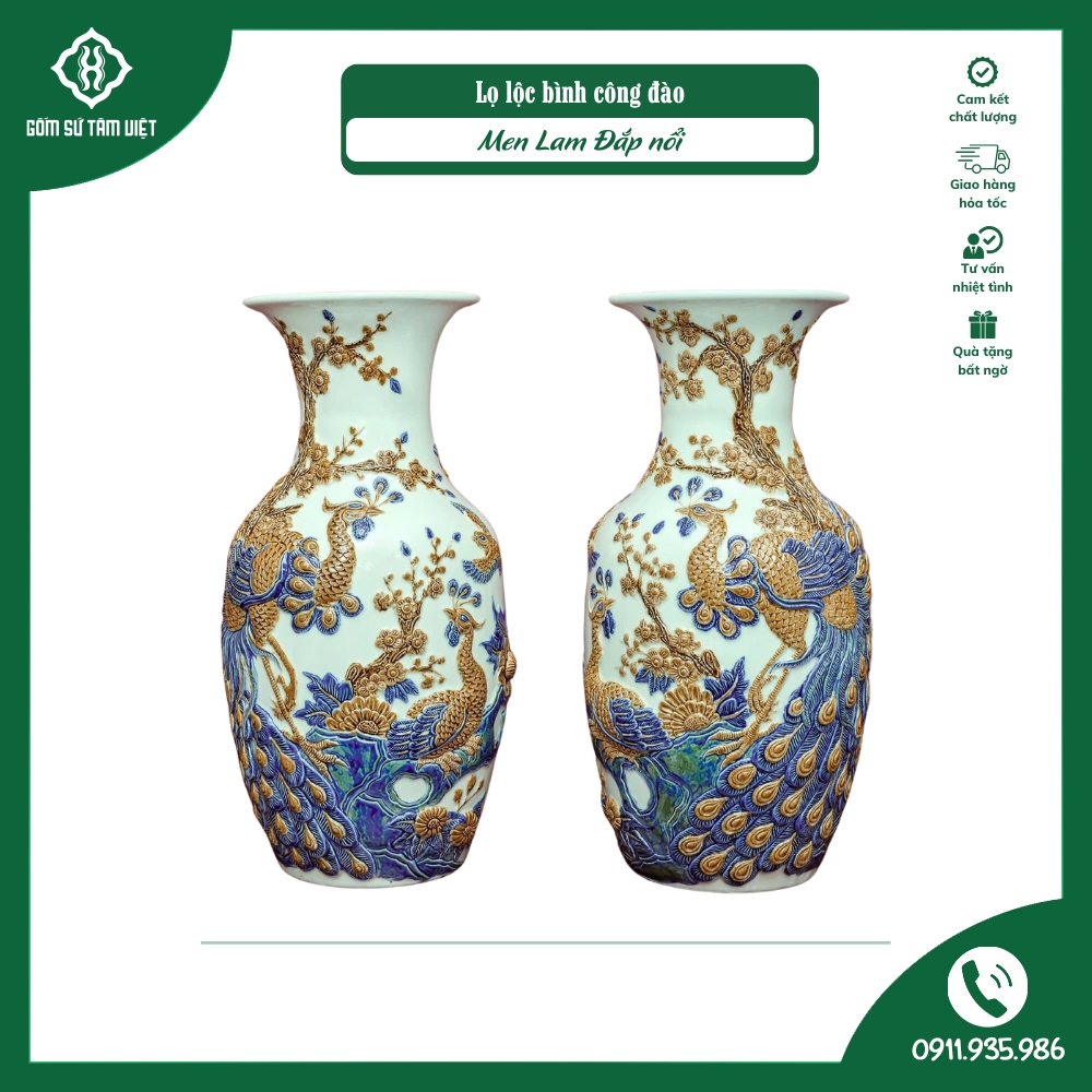 [Giá theo đôi] Lọ Lộc Bình Men Lam Đắp Nổi Hoạ Tiết Rồng - Công Đào ...